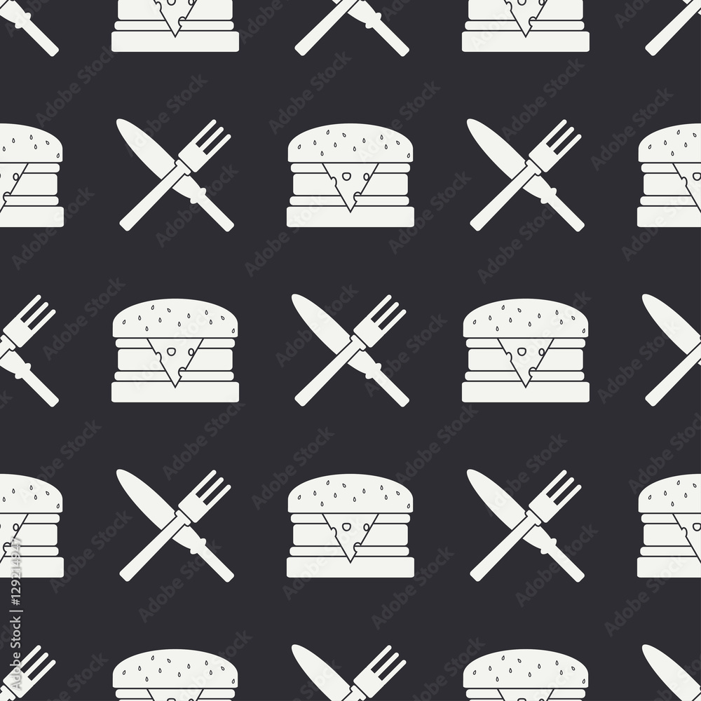 Seamless flat pattern with kitchenware and fast-food icons - fork , knife , hamburger. Vector ...