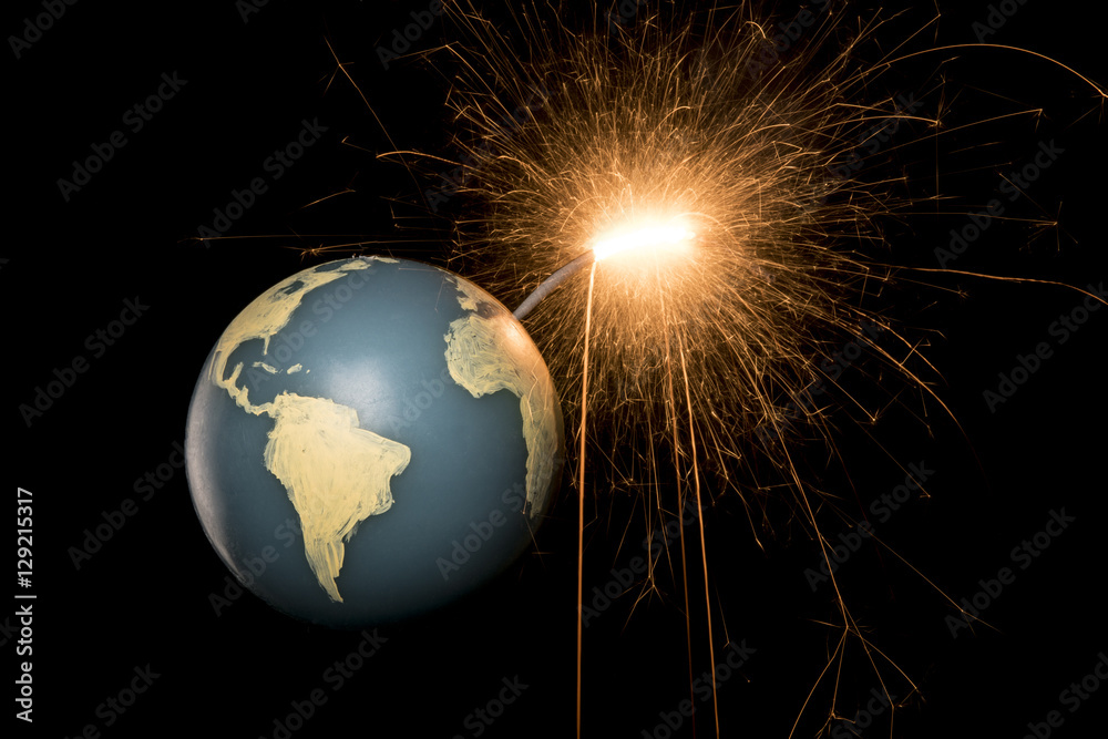 World globe is a bomb with the wick lighted. Metaphor of the Apocalypse ...