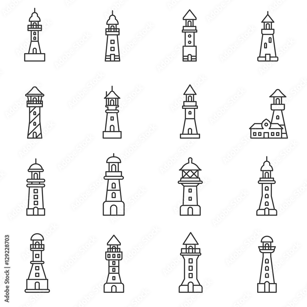 Lighthouses icons set. Sea lighthouse, thin line design. The navigation ...
