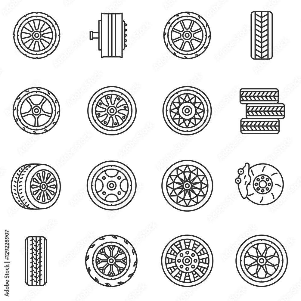Tires and wheels icons set. The wheel of a car, thin line design. Car ...