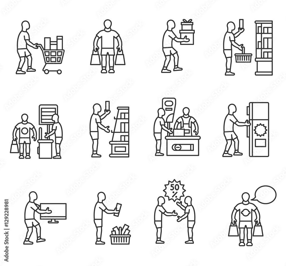 Buying goods icons set. Buyer, thin line design. The consumer in the ...