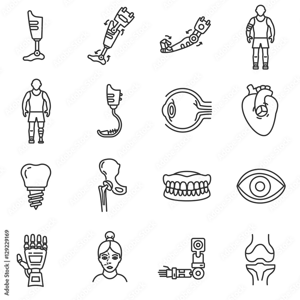 Prosthetics icons set. Medical mechanical prostheses and replacement of ...