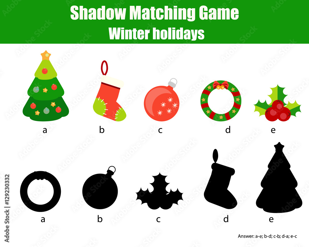 Shadow matching game. Christmas, winter holidays theme, kids activity ...