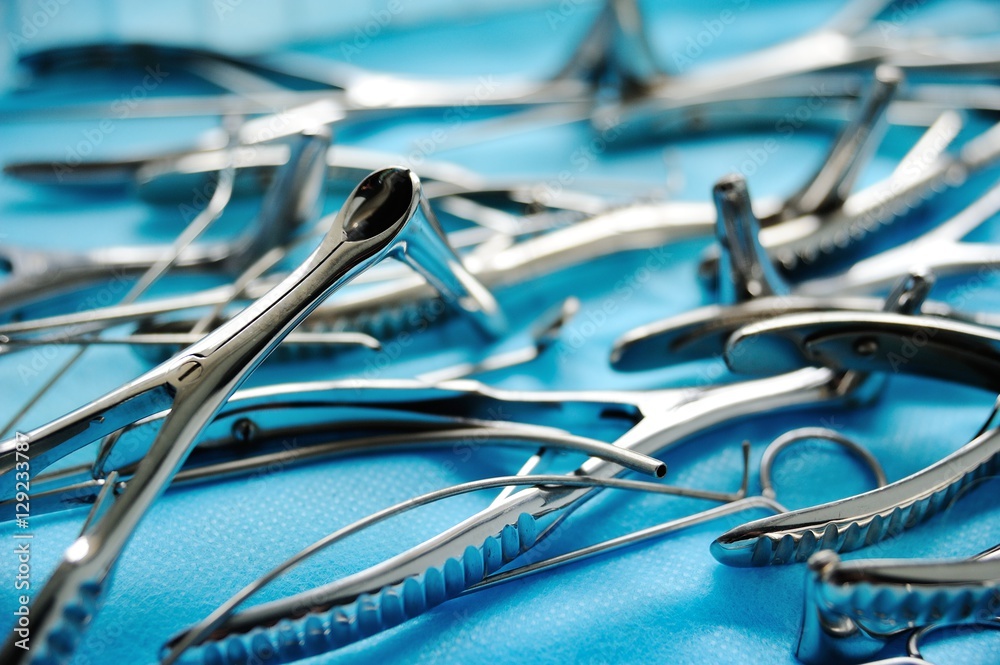 ENT Instruments closeup - nasal mirror, probes, cannulas for washing ...