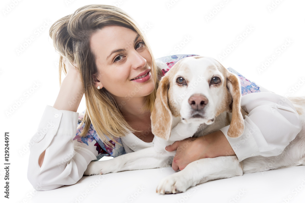 Dog with woman are posing in studio - isolated on white background ...