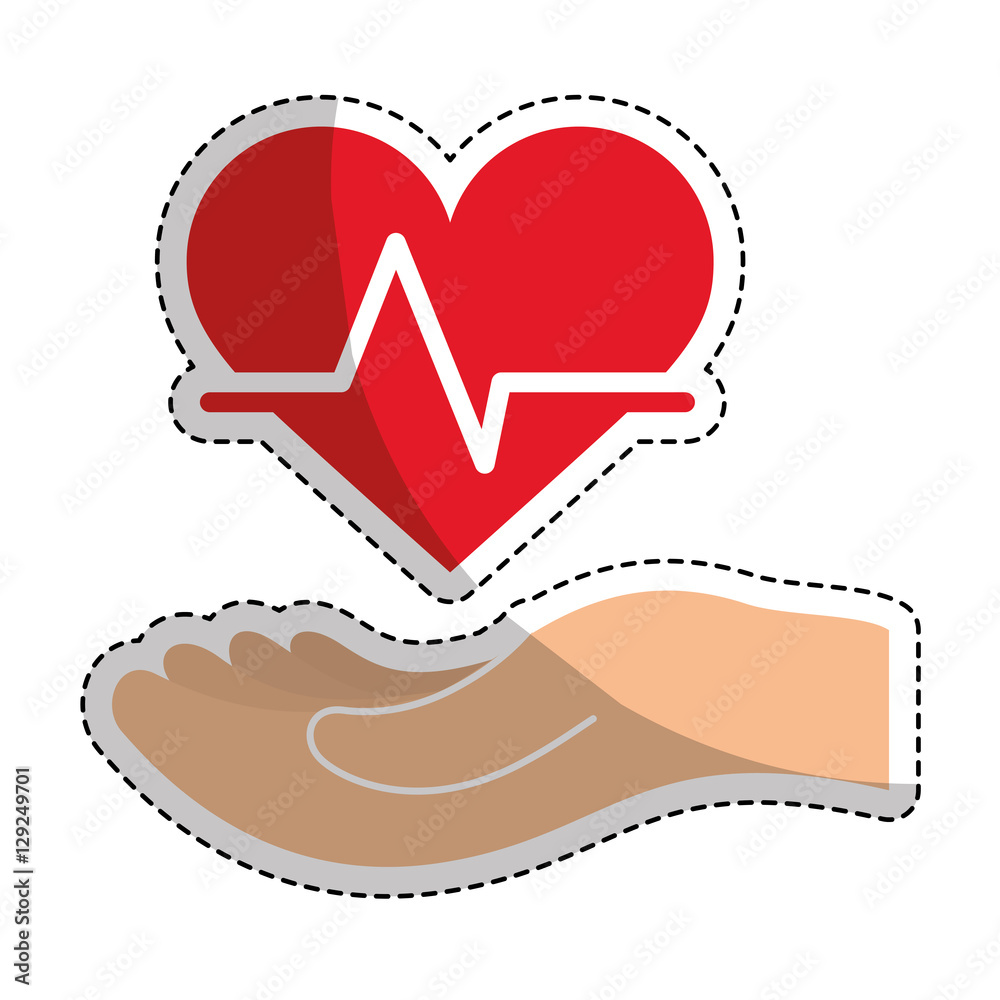 sticker of hand with red cardio heart icon over white background ...
