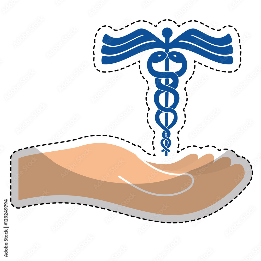 sticker of hand with caduceus medical symbol icon over white background ...