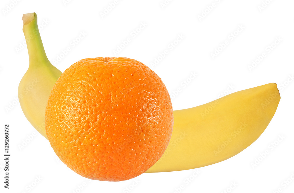 banana and orange fruits isolated on white background with clipping ...