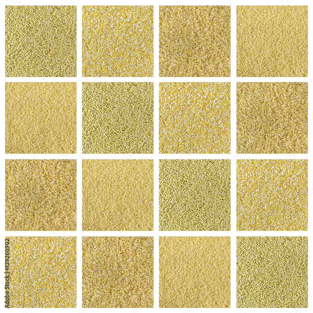 Collage consisting of bulgur, millet, cous cous, polenta grains. Food ...