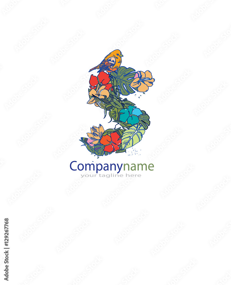 vector drawing of the letter s from tropical flowers and leaves with ...