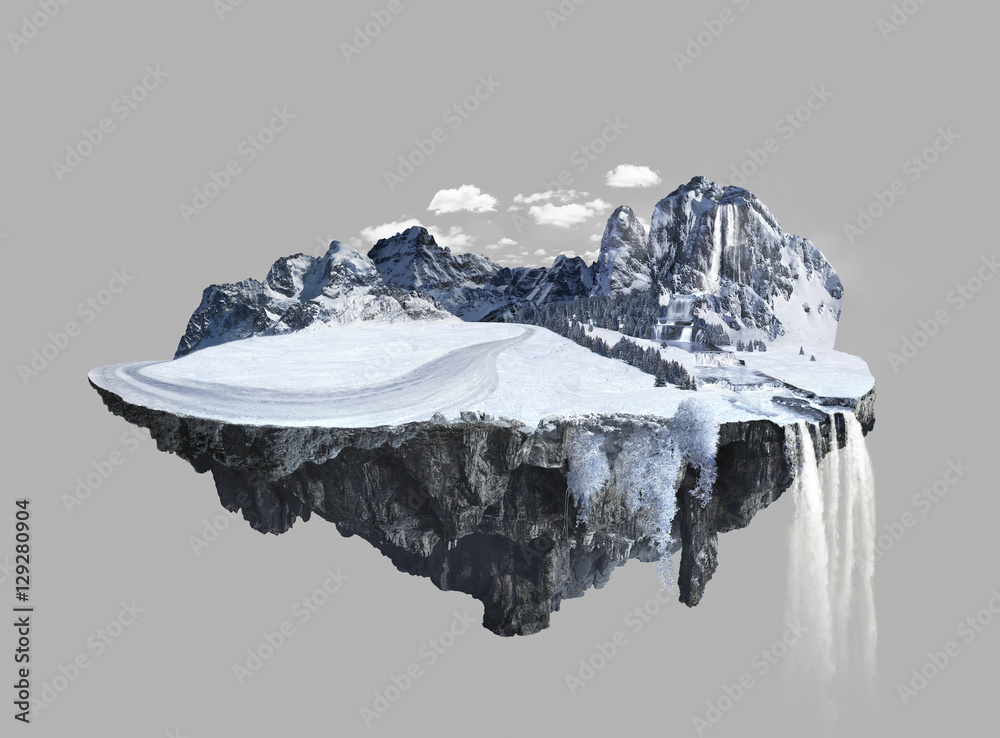 Amazing winter island with grove floating in the air with water Stock ...