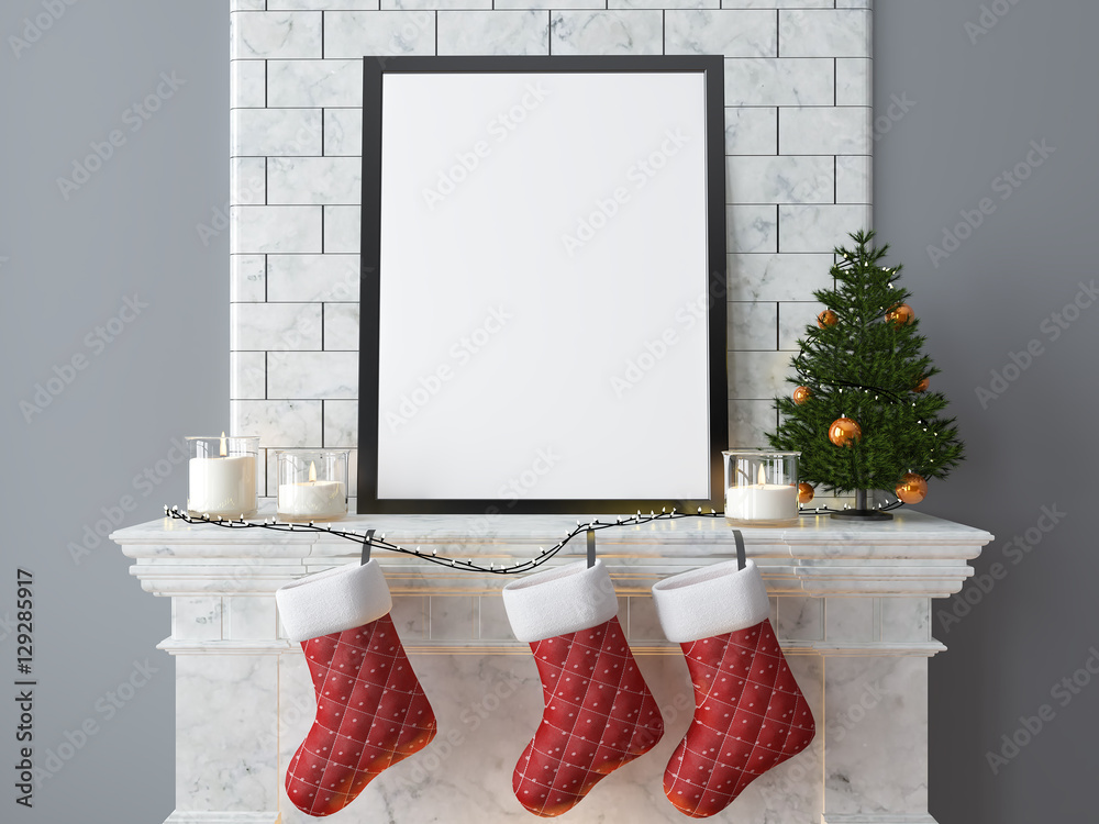 Christmas Mock up poster, fireplace, candles, Christmas balls ...