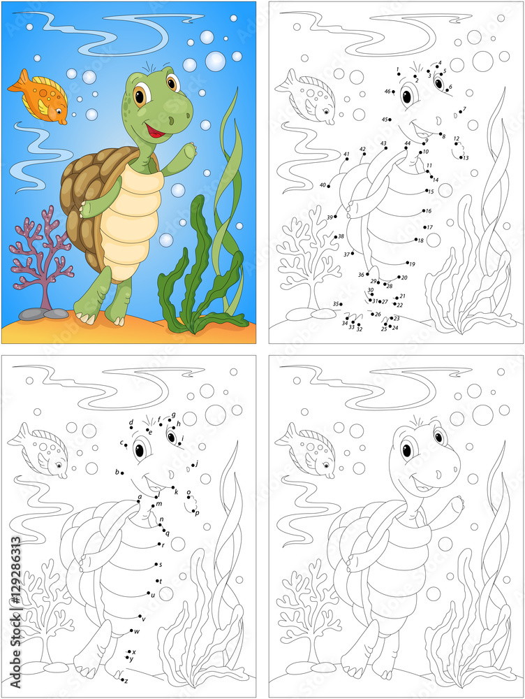 Turtle in the ocean. Coloring book and dot to dot game for kids Stock ...
