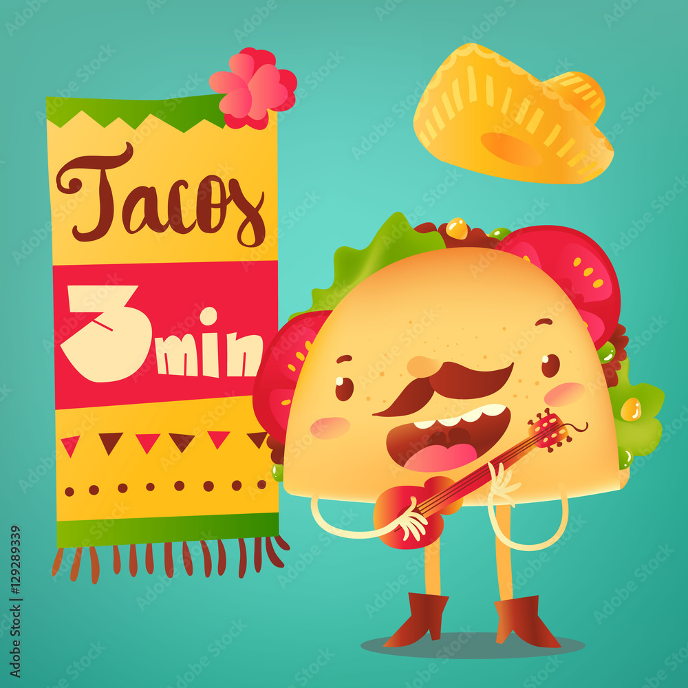 Happy taco character in sombrero singing and playing Mexican guitar ...