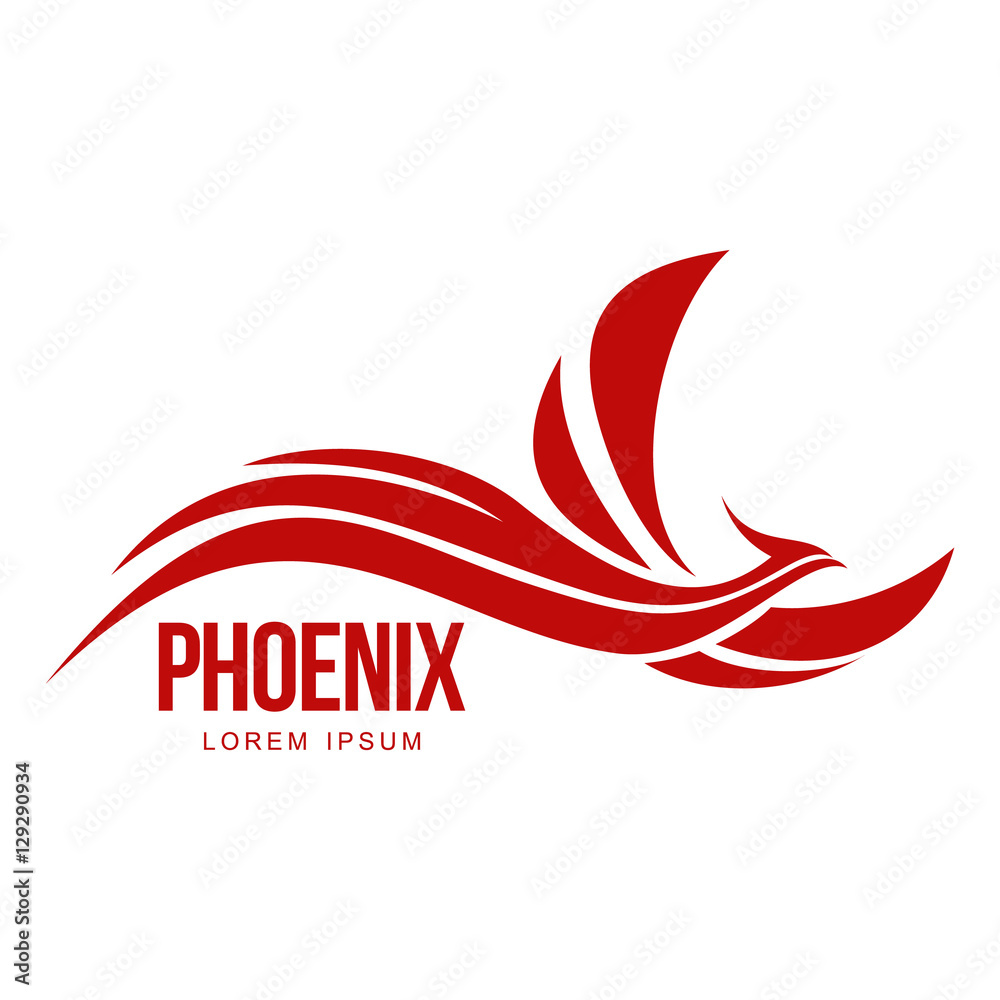 Stylized graphic phoenix bird flying with expanded wings logo template ...