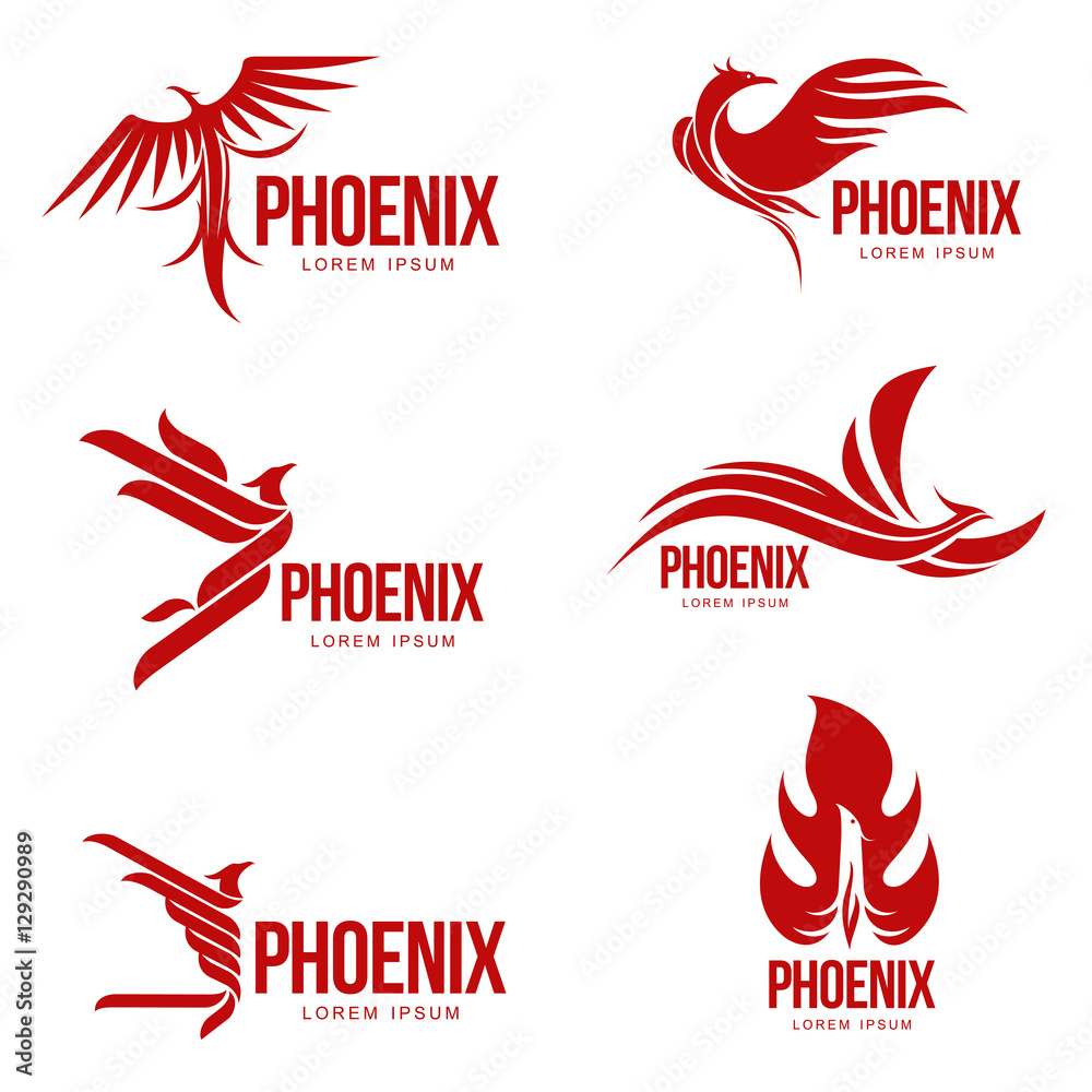 Set of stylized graphic phoenix bird logo templates, vector ...
