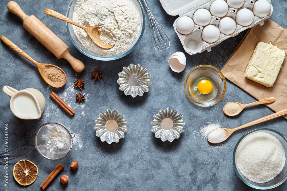 Baking cake in kitchen - dough recipe ingredients eggs, flour, milk ...