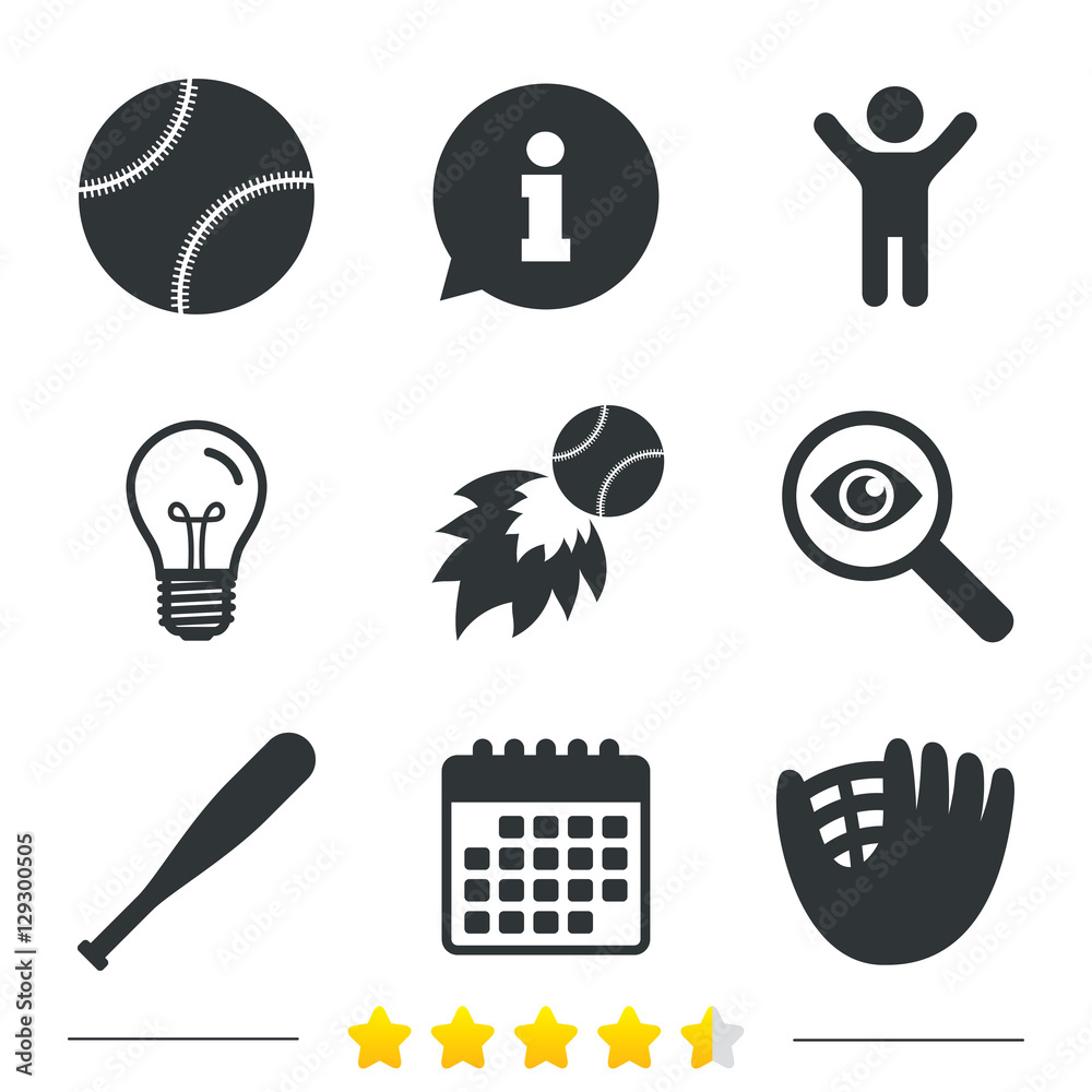 Baseball sport icons. Ball with glove and bat signs. Fireball symbol ...