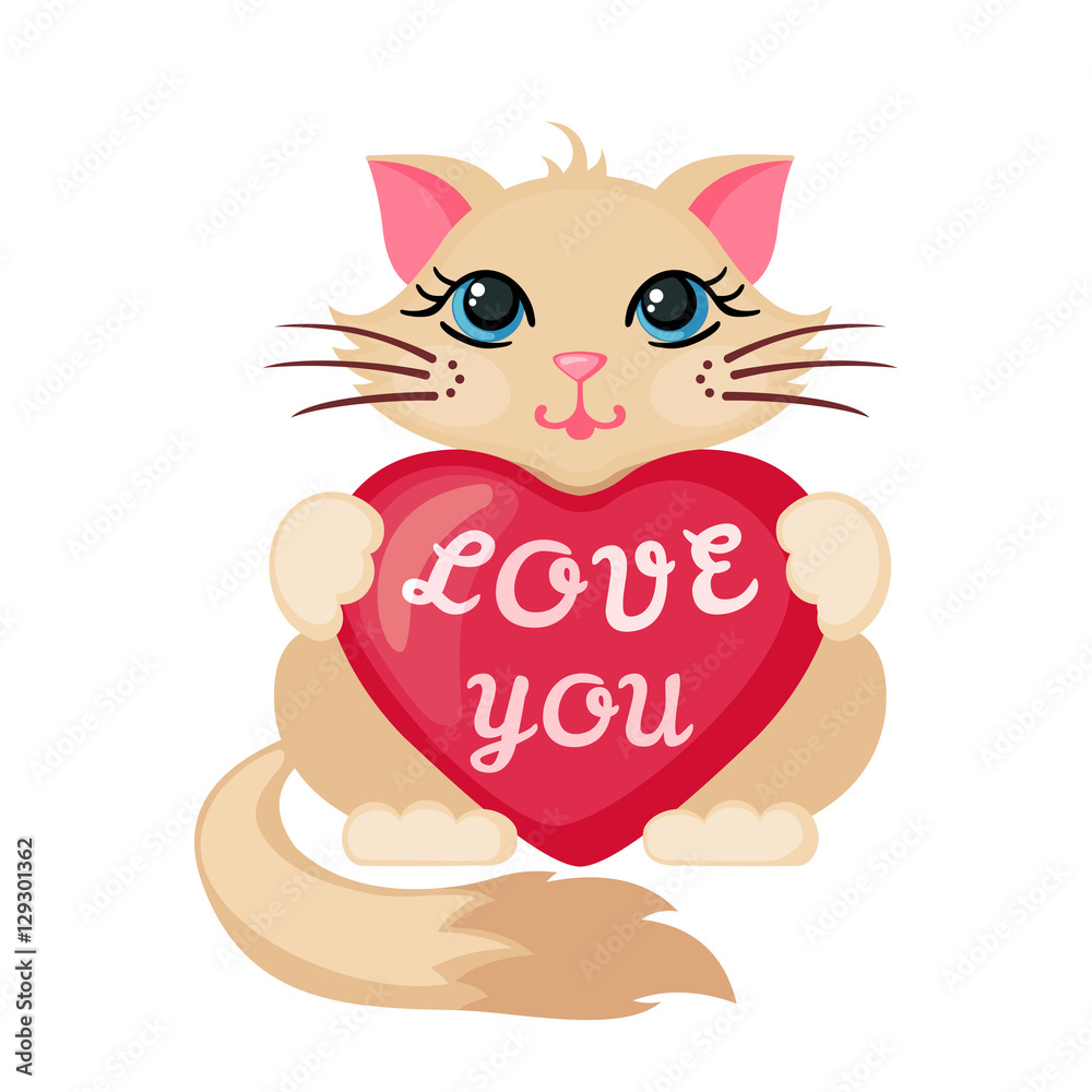 Cute Cat hugging heart. Stock Vector | Adobe Stock