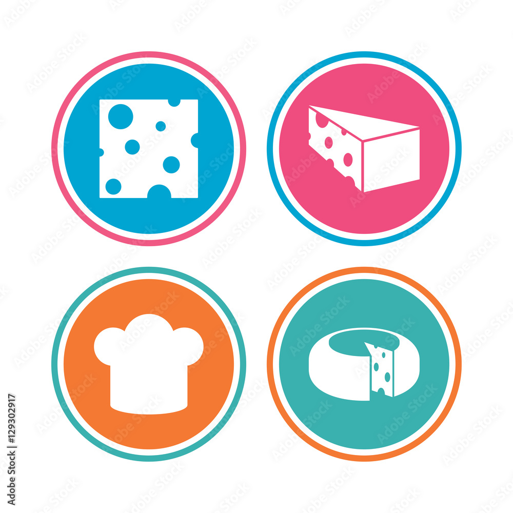 Cheese icons. Round cheese wheel sign. Sliced food with chief hat ...