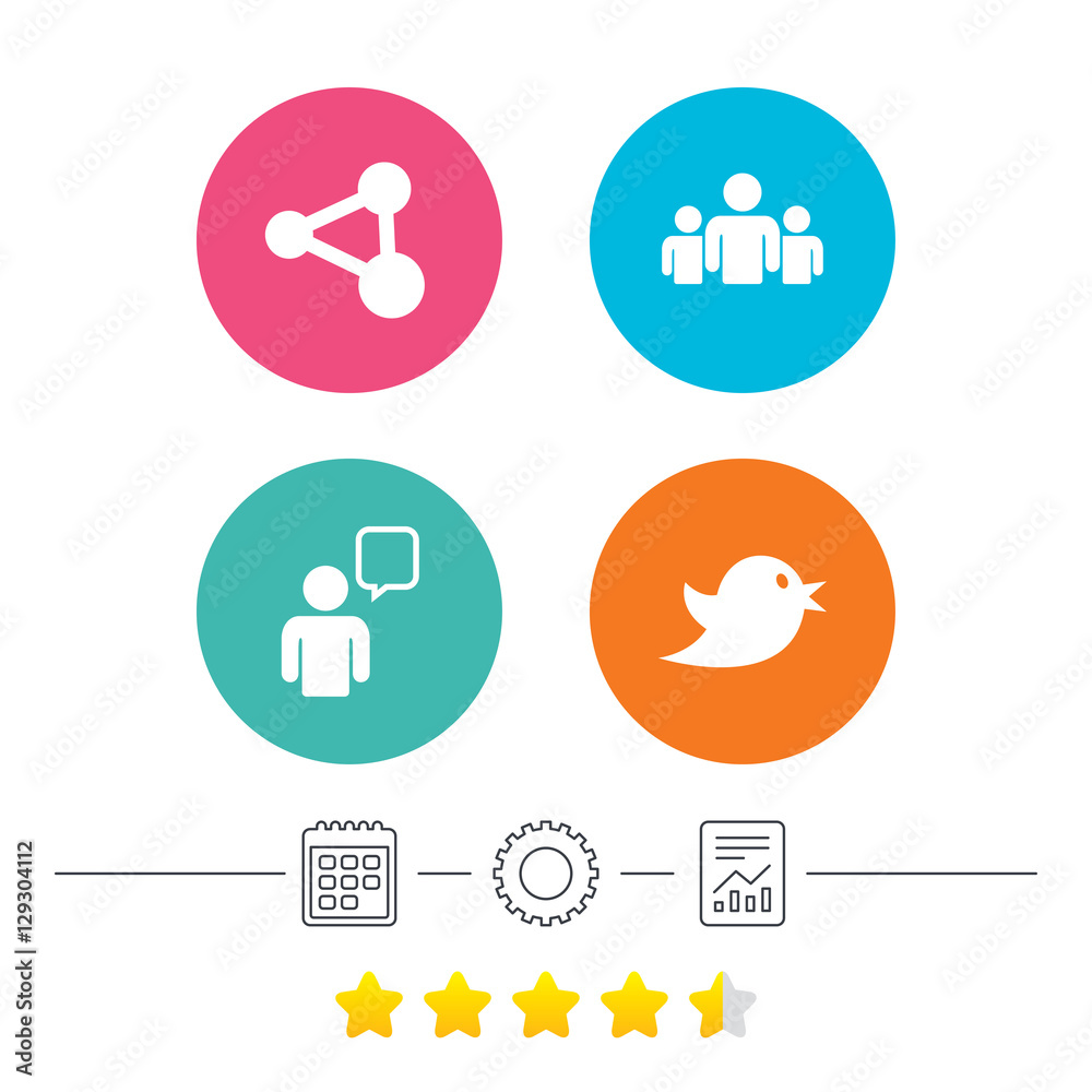 Group of people and share icons. Speech bubble symbols. Communication ...