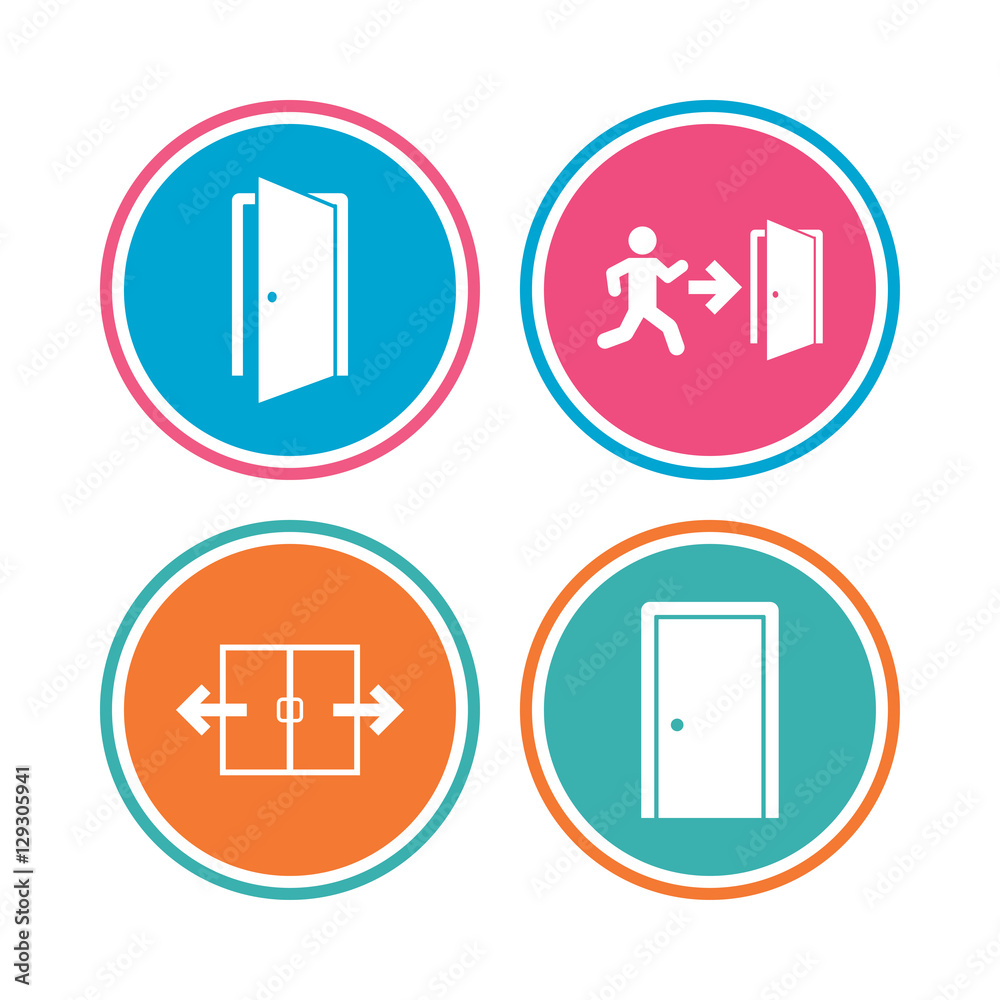 Automatic door icon. Emergency exit with human figure and arrow symbols ...