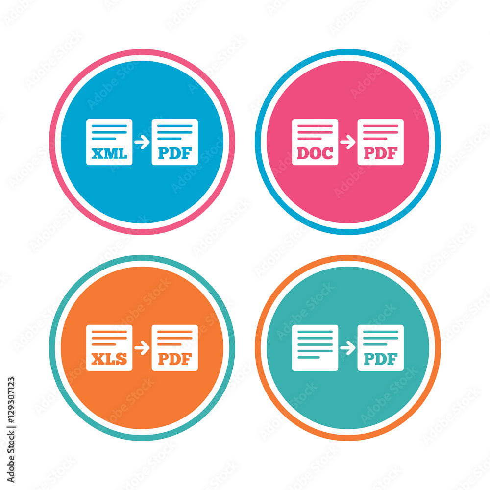 Export file icons. Convert DOC to PDF, XML to PDF symbols. XLS to PDF ...