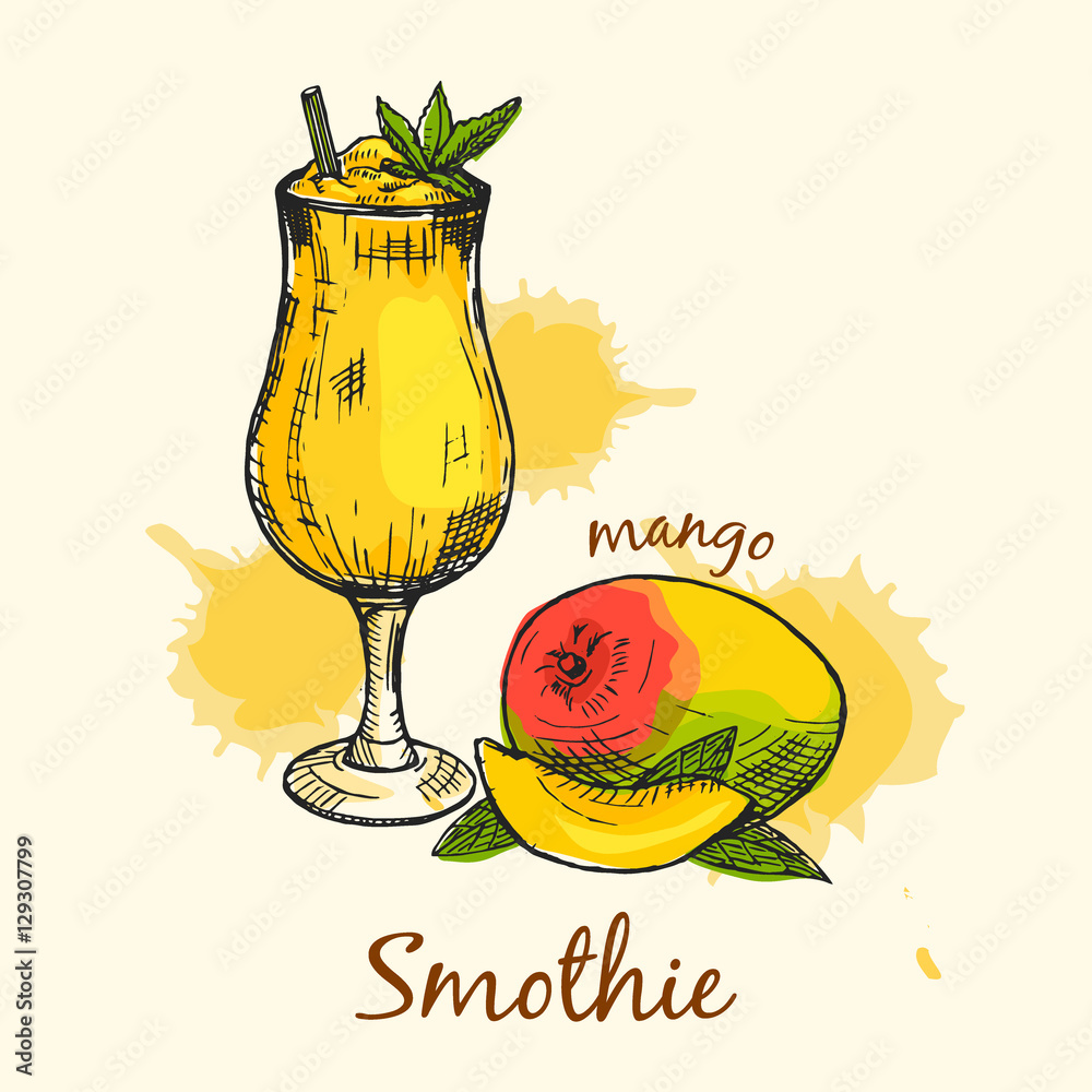 Colorful composition of mango smoothie. Creative graphic design. Vector ...