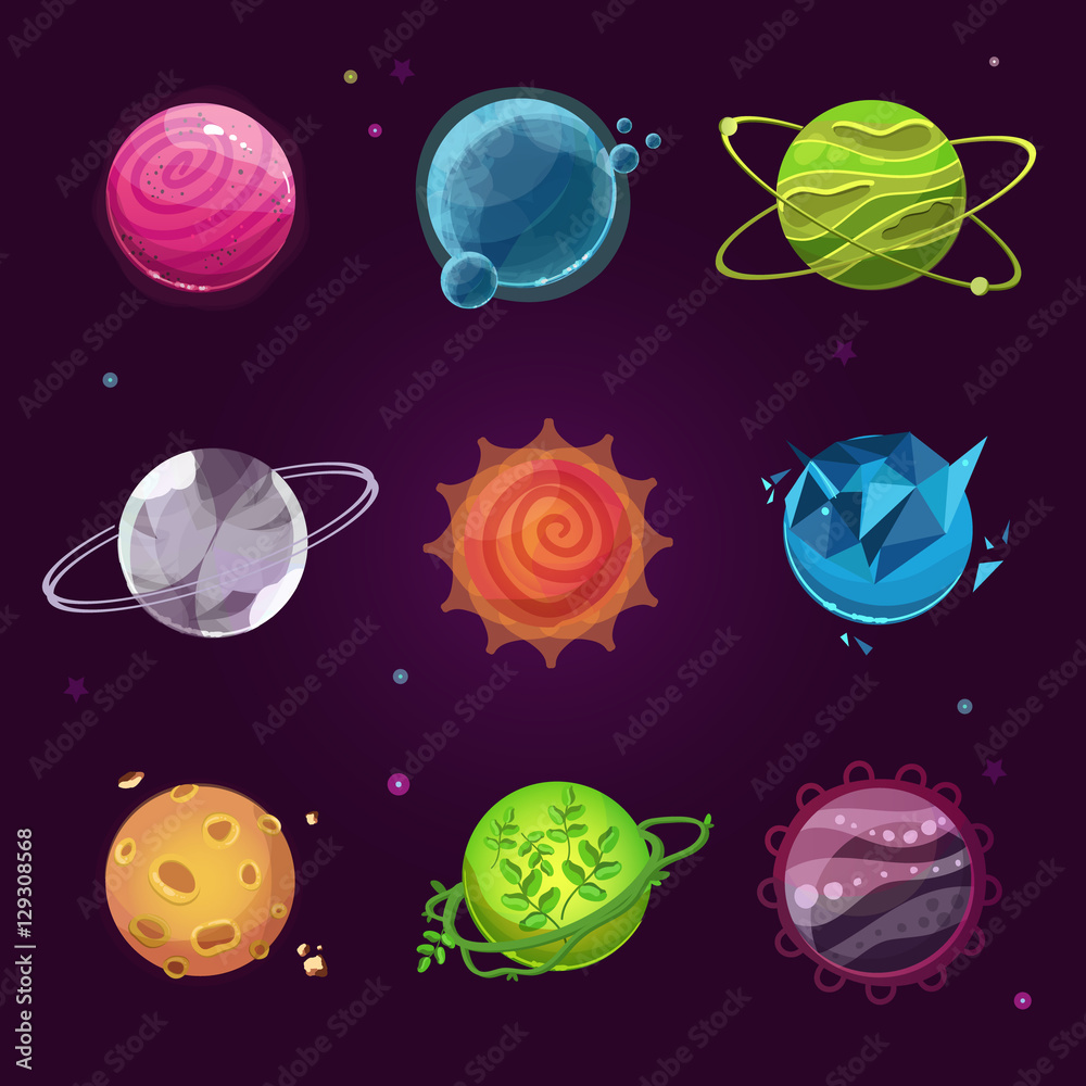 Planet icons for game design. Fantasty game planets set. Set of cartoon ...