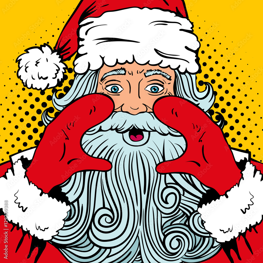 Wow pop art Santa Claus with surprised face, wide open eyes and mouth ...