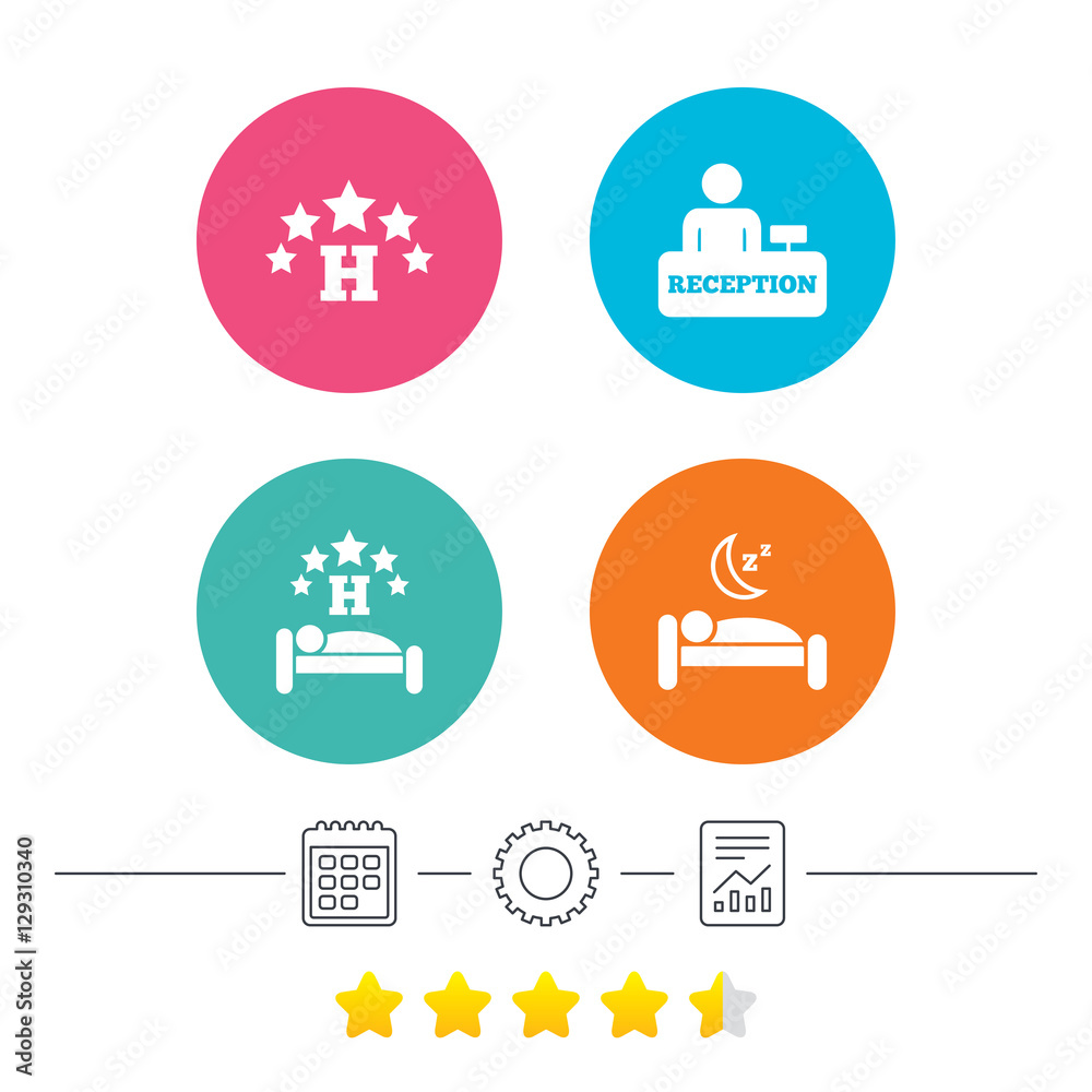Five stars hotel icons. Travel rest place symbols. Human sleep in bed ...