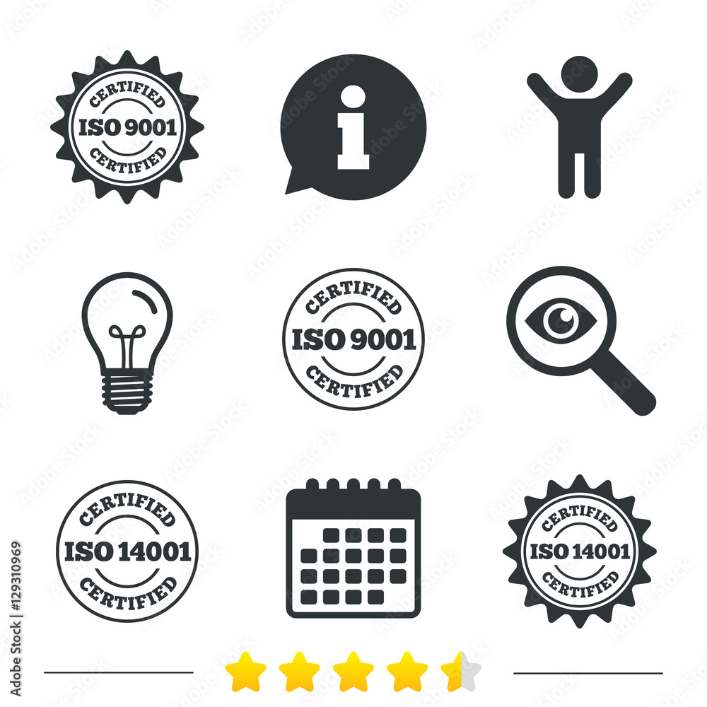 ISO 9001 and 14001 certified icons. Certification star stamps symbols ...