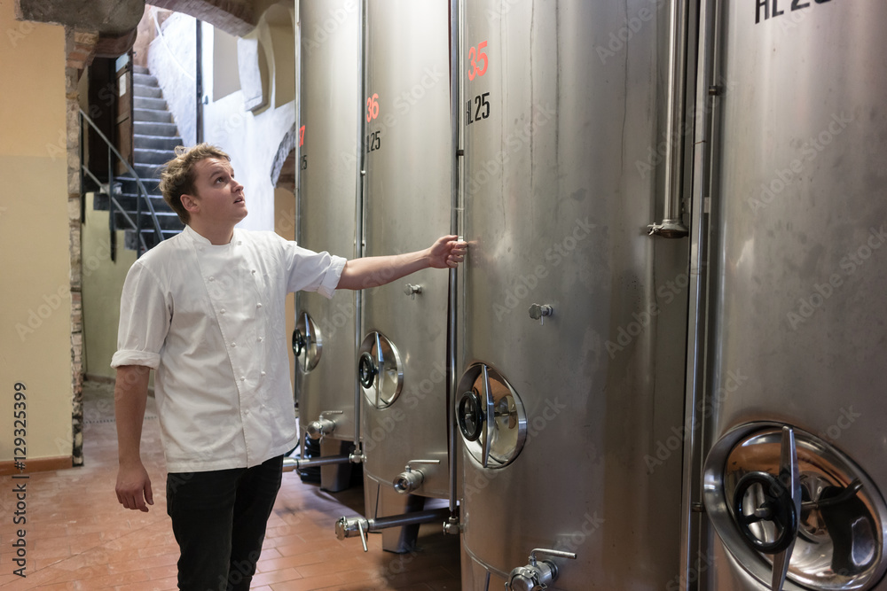 Chef inspecting steel tanks in modern winery Stock Photo | Adobe Stock
