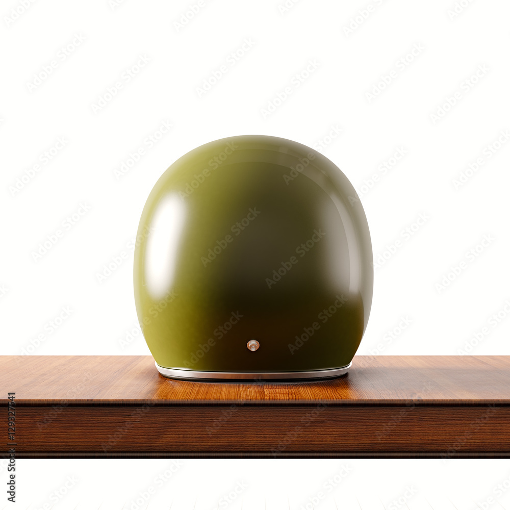 Back side view of green color vintage style motorcycle helmet on ...