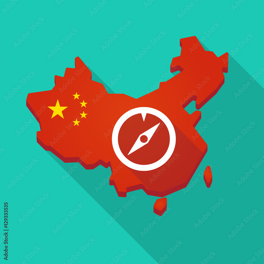Long shadow China map with a compass Stock Vector | Adobe Stock