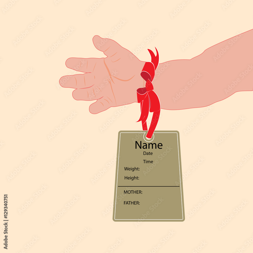 Newborn baby, data The hand of the newborn child with information about ...