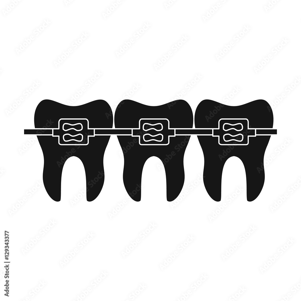 Teeth with dental braces icon in black style isolated on white ...