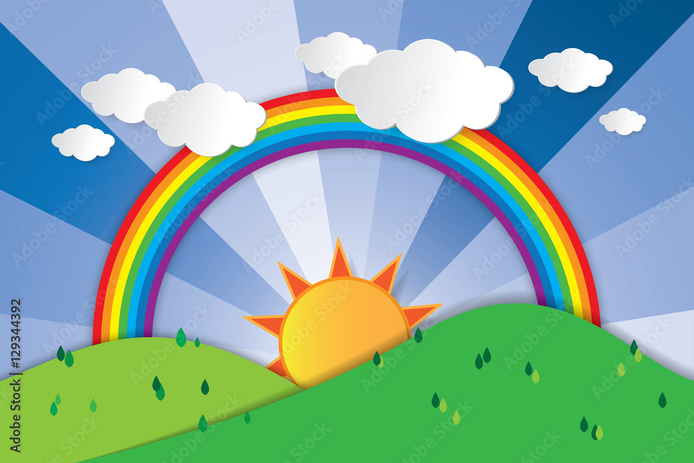 Sunrise and rainbow behind mountain vector background Stock Vector | Adobe Stock