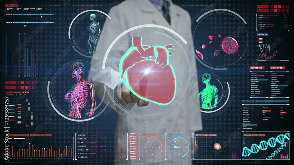 Doctor touching digital screen, Female body scanning blood vessel ...