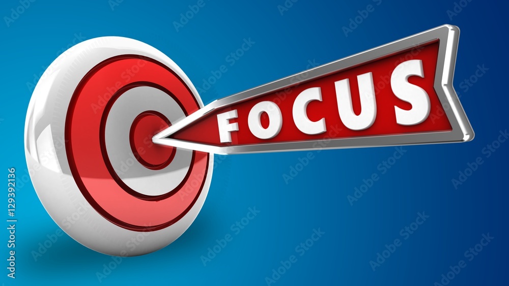3d illustration of focus arrow with round target over blue background ...