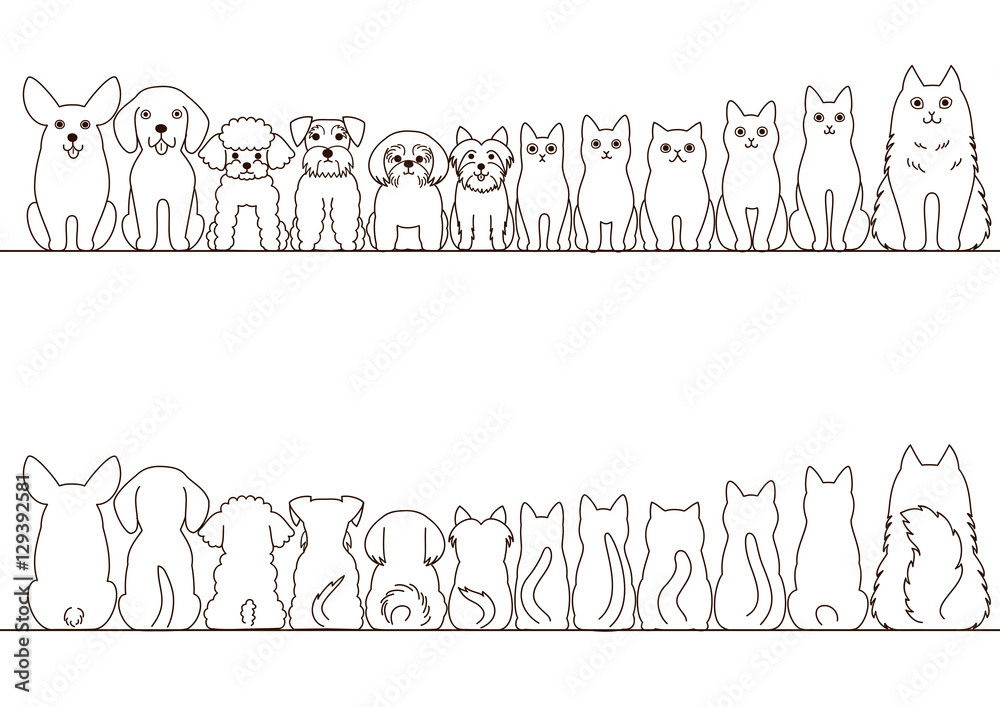 cats and small dogs border set, front view and rear view, line art ...