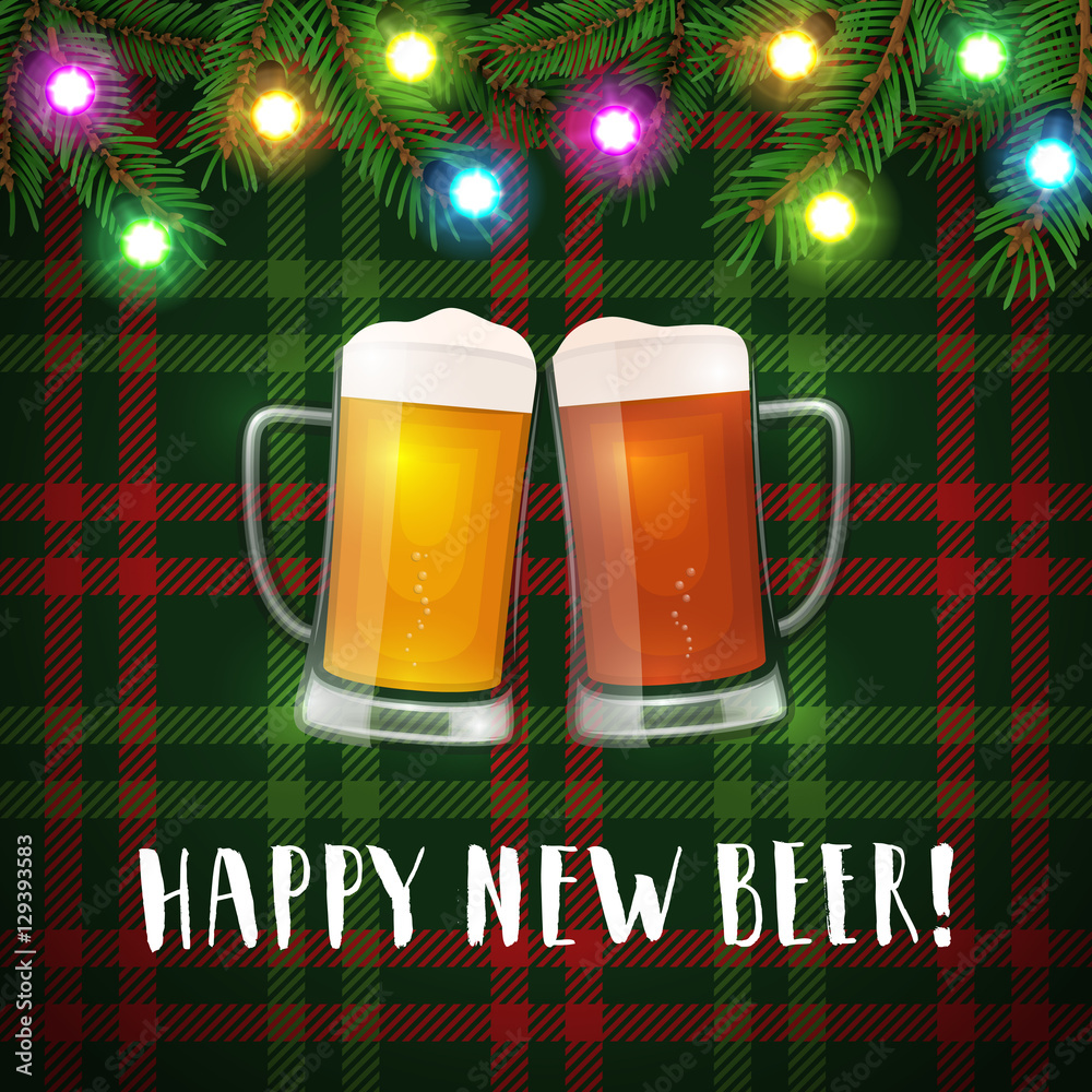 Happy new beer mugs poster. Vector greeting card with two mugs of beer ...