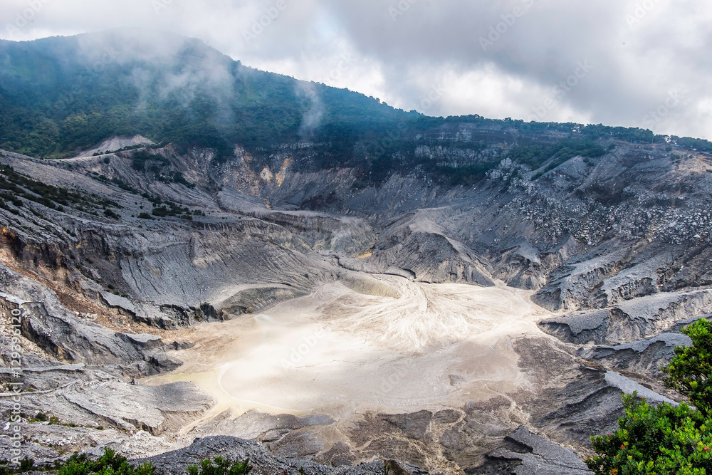 View of Tangkuban Perahu crater, showing beautiful and huge mountain crater, at the morning ...