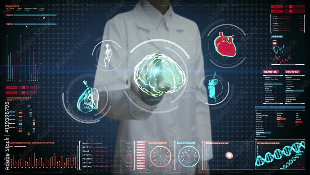 Female doctor touching digital screen, Scanning brain, heart, lungs ...
