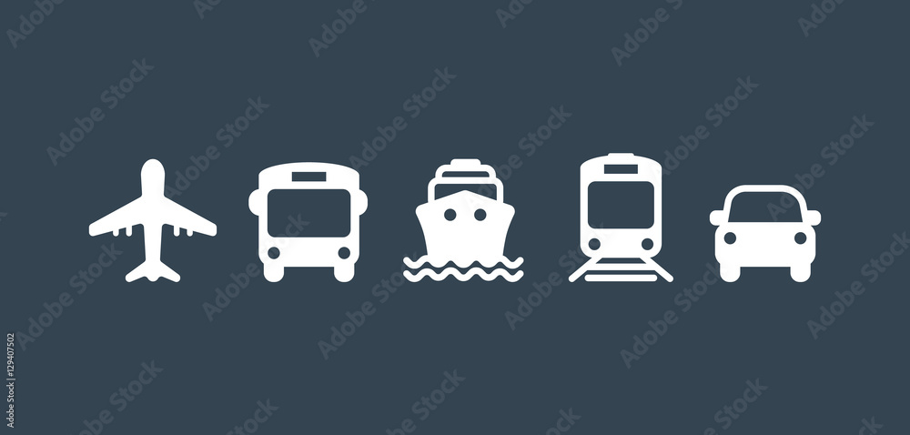 Transport icons. Airplane, Public bus, Train, Ship/Ferry and auto signs ...