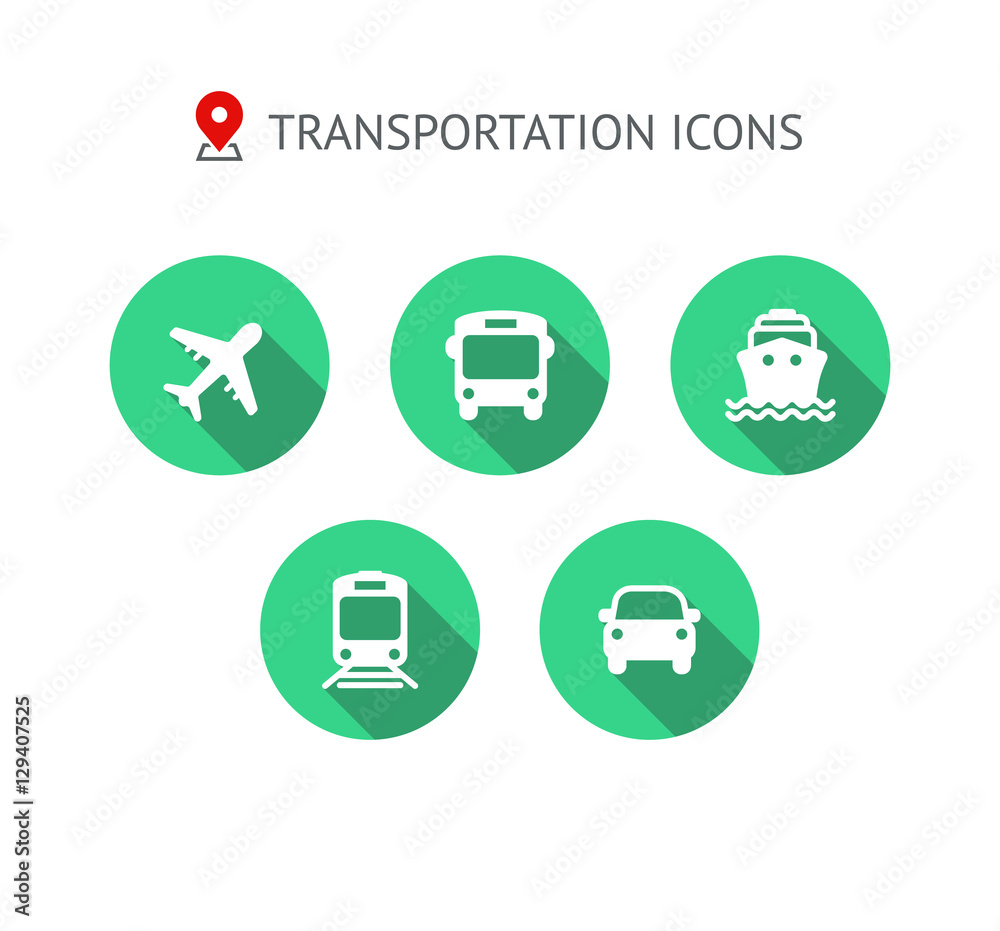 Transport icons. Airplane, Public bus, Train, Ship/Ferry and auto signs ...