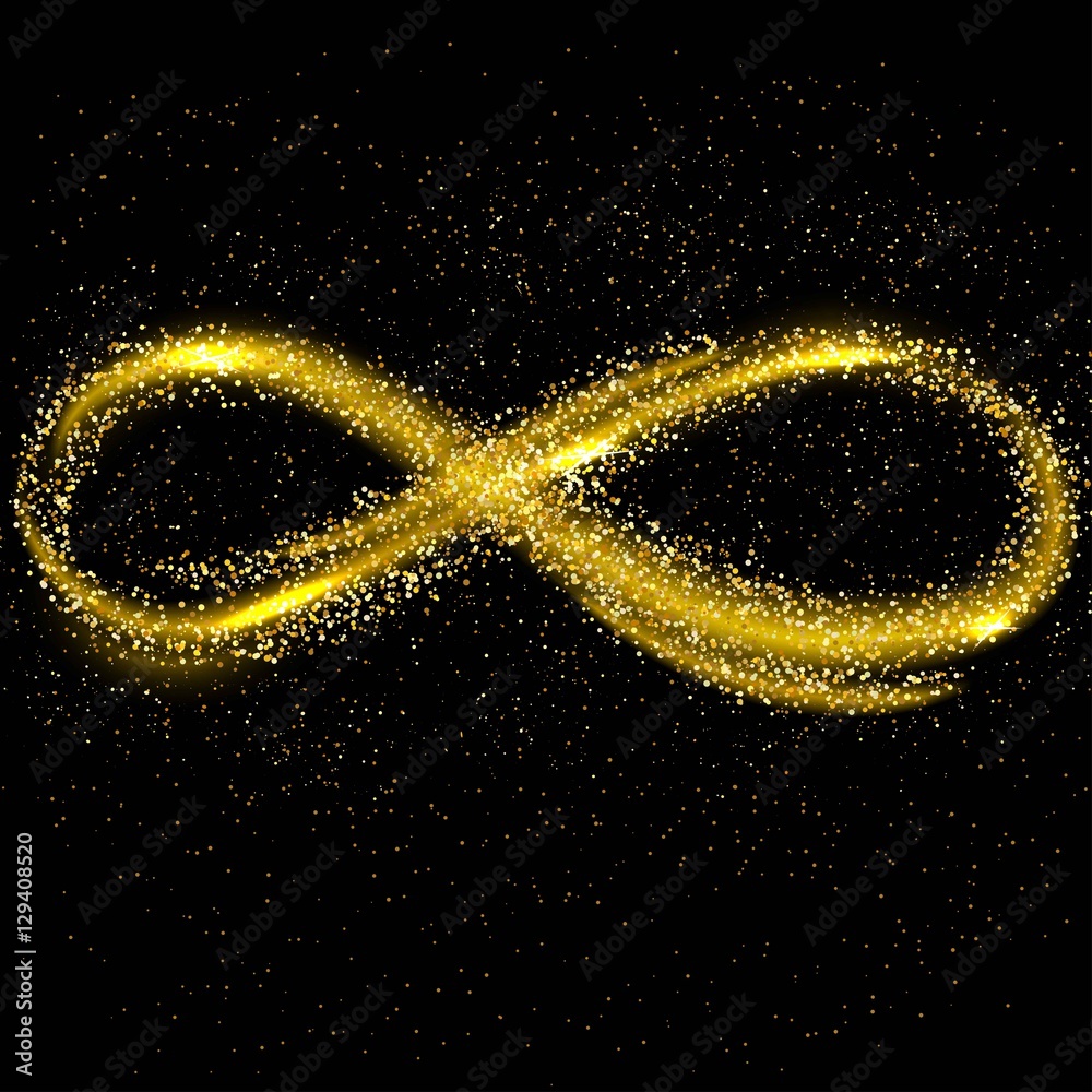 Abstract dark background with golden dust curve line, infinity sign ...