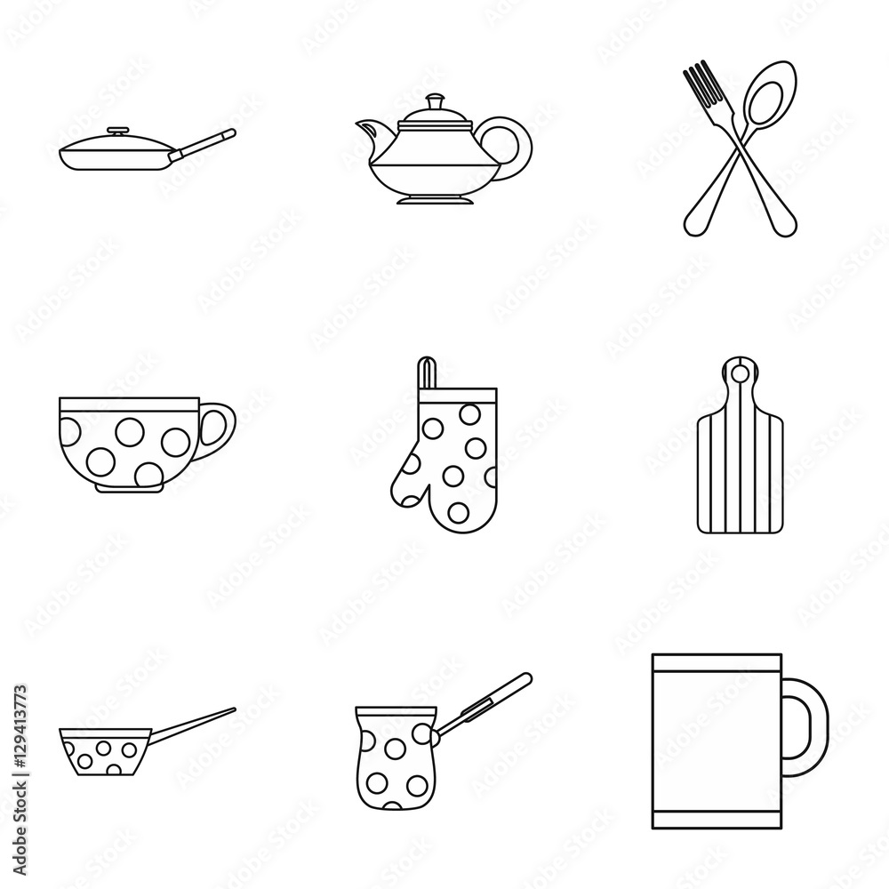 Dishes icons set. Outline illustration of 9 dishes vector icons for web ...