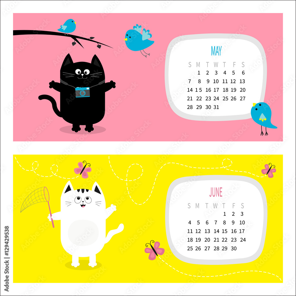 Cat horizontal calendar 2017. Cute funny cartoon character set. May ...