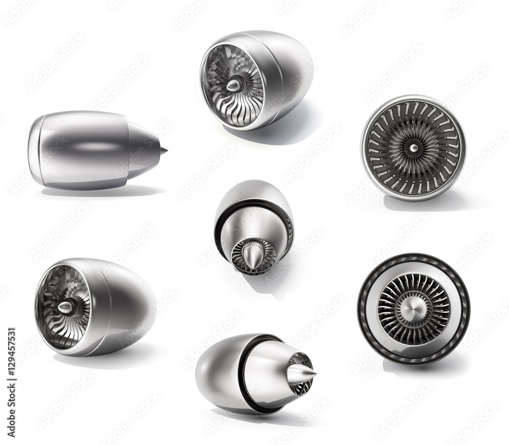3d rendering turbines set, jet engine set isolated on white background ...